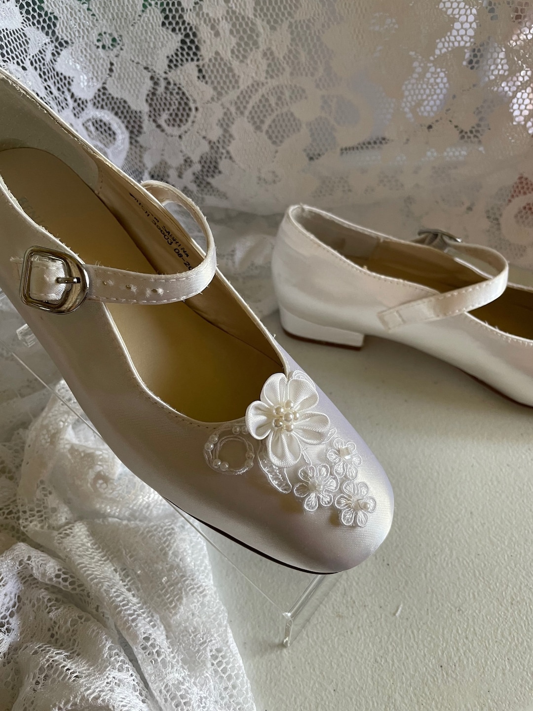 Girls Communion Shoes Lace Appliqué With Pearls, Flower Girls White ...