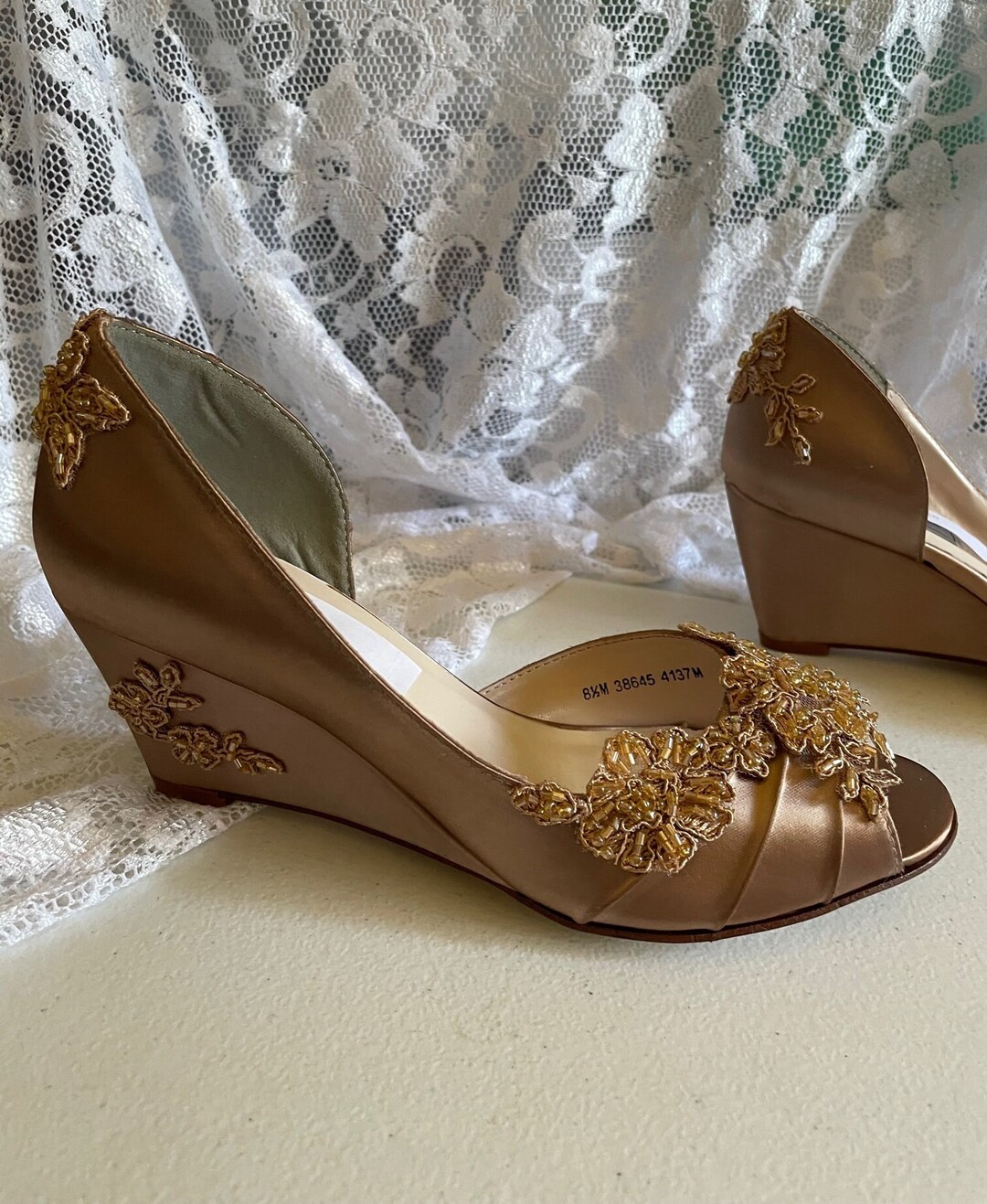 Wedge Shoes Taupe Beaded Applique Shoes, Peep Toe Taupe Satin Heels ...