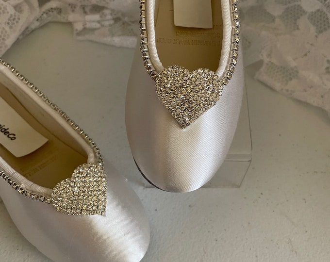 First Communion Satin Shoes Crystals Hearts With Crystals Edging,flower ...
