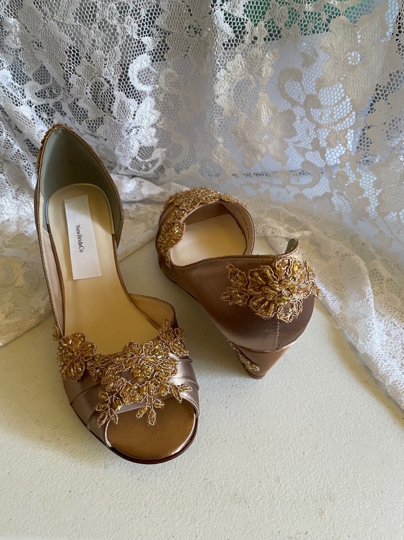Wedge Shoes Taupe Beaded Applique Shoes, Peep Toe Taupe Satin Heels ...