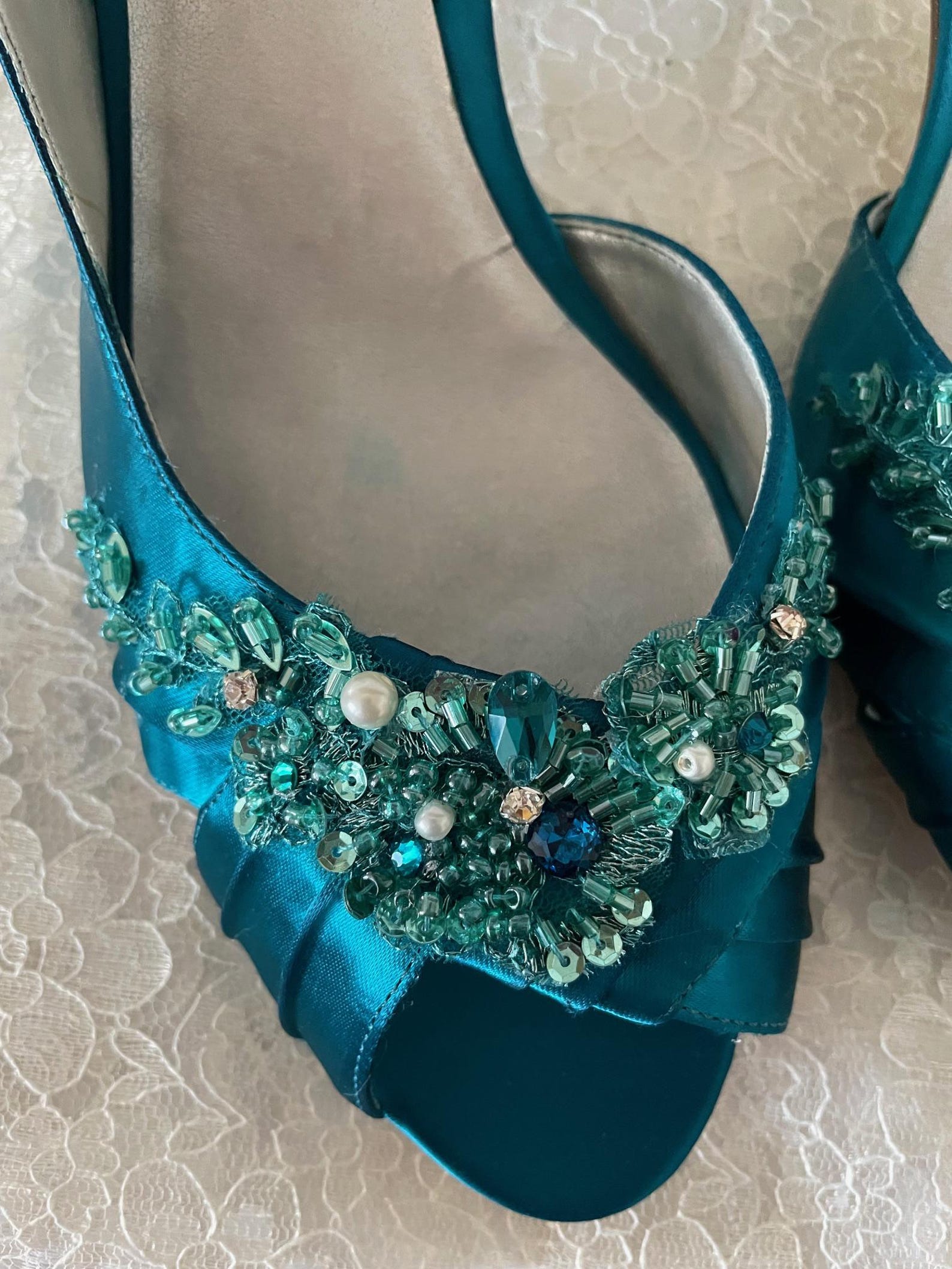 Teal Beaded Slingback Low Heels: Handmade Bridal Shoes (2 1/4") - Etsy