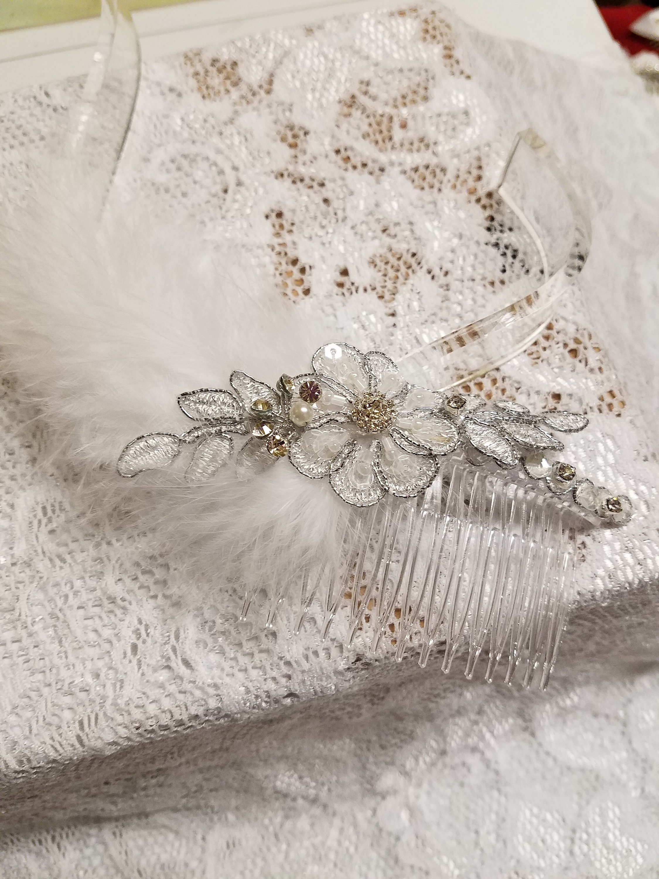 White Feather Comb With Silver Trim and Rhinestones Prom Hair - Etsy