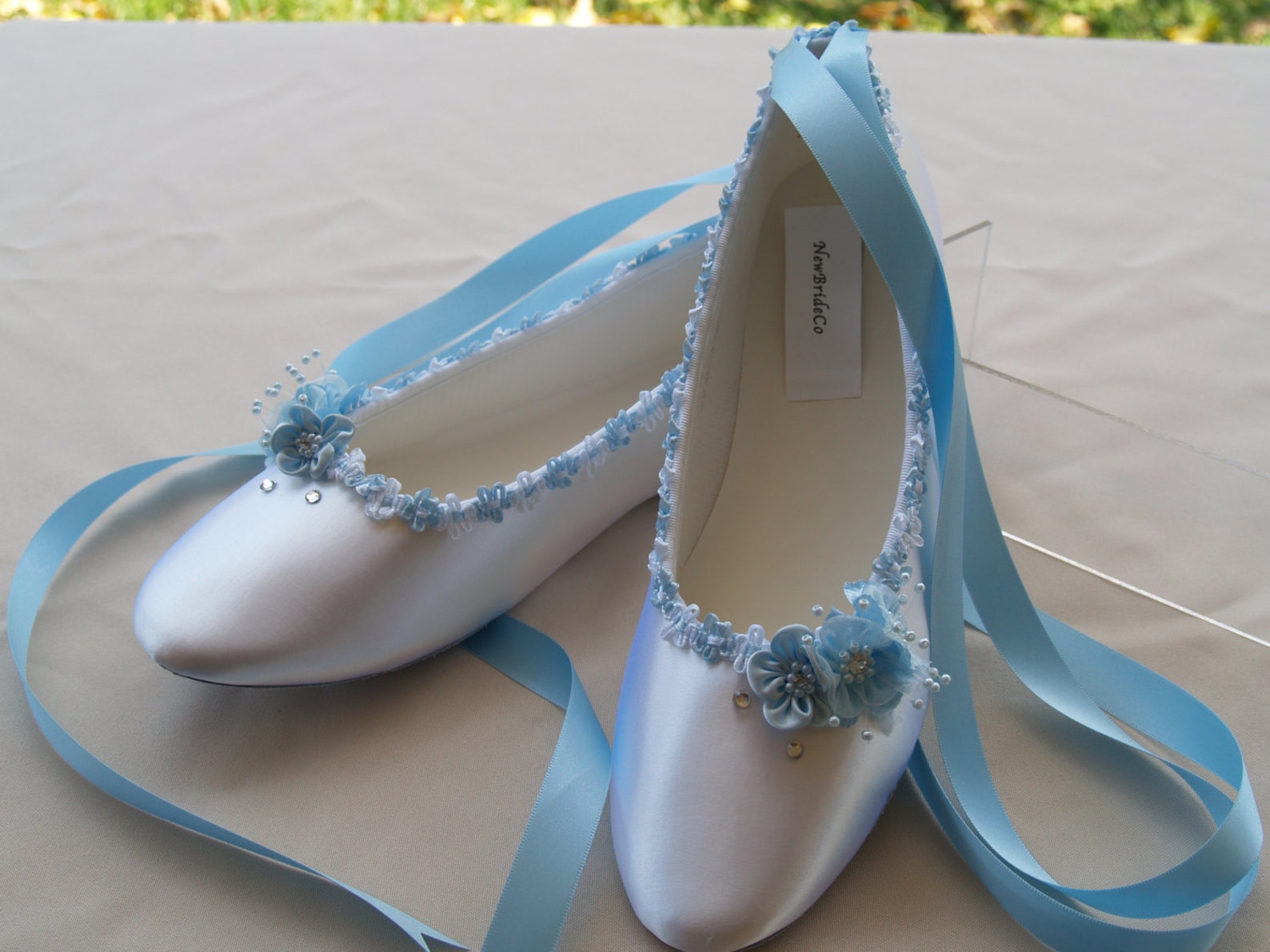 Blue Bridal Flats White Satin Shoes, Blue Wedding Shoes US Sizes 5 to ...