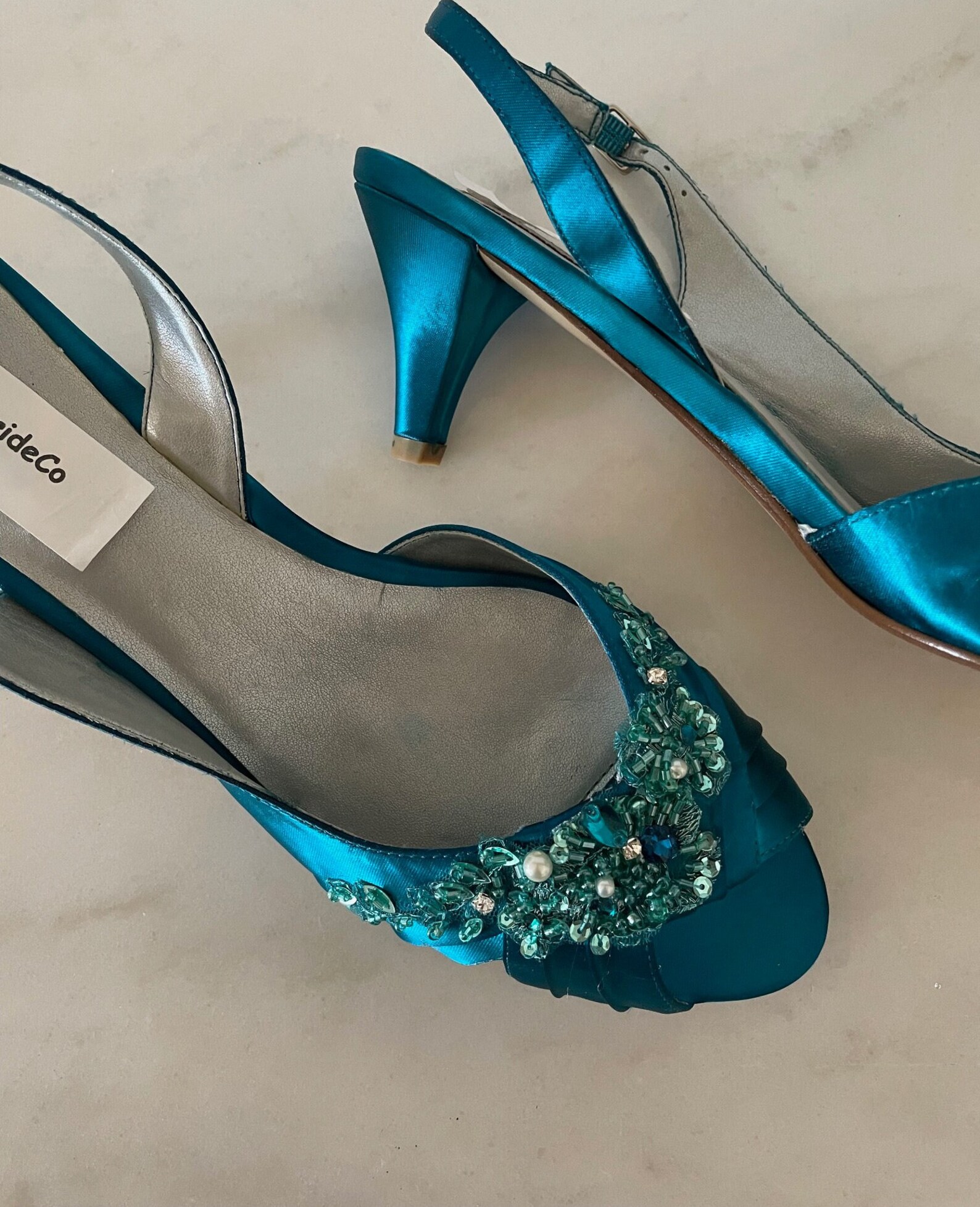 Teal Beaded Slingback Low Heels: Handmade Bridal Shoes (2 1/4") - Etsy