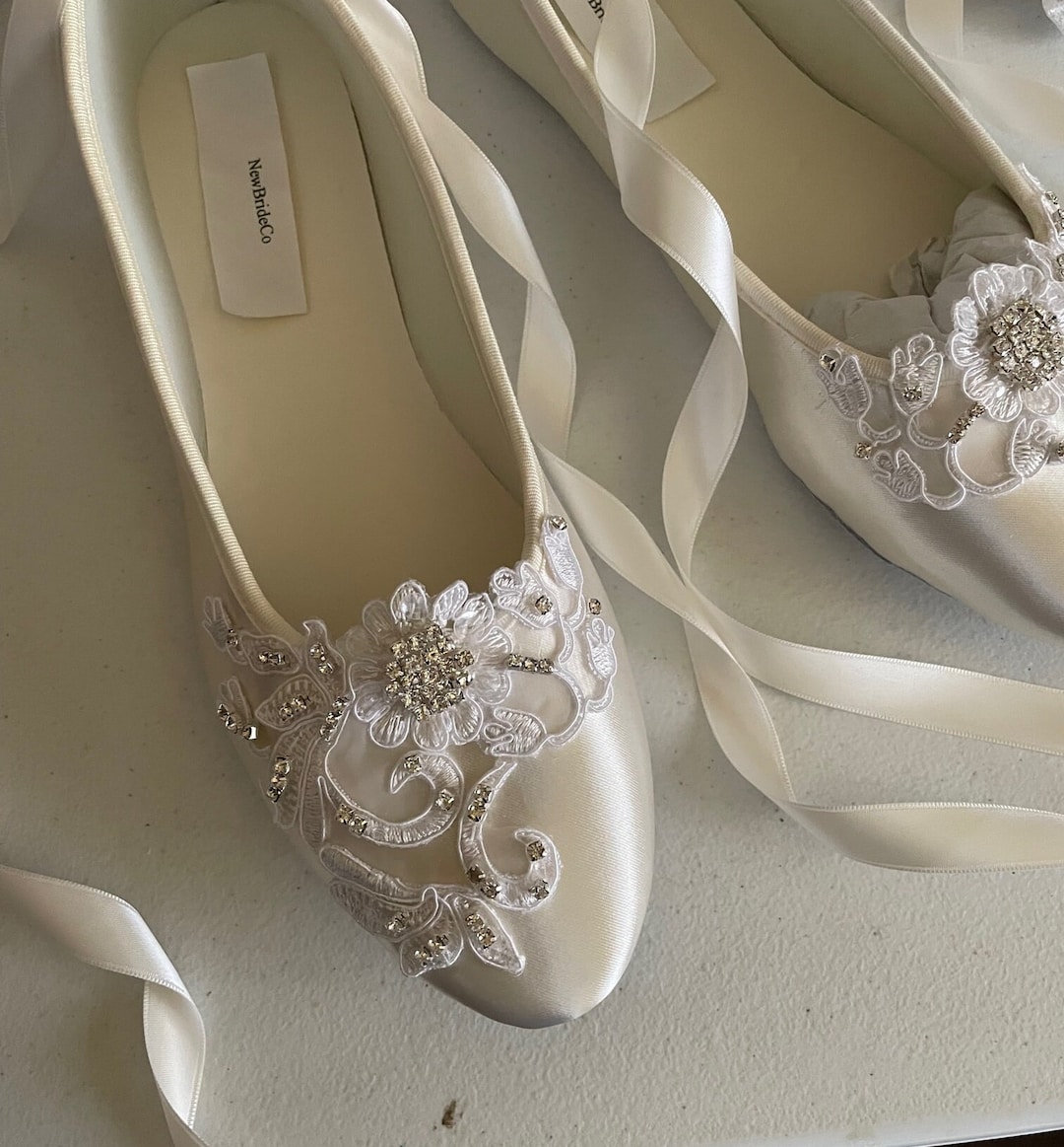 Bling White Wedding Flats,satin OFF-WHITE Shoes Lace Applique With ...