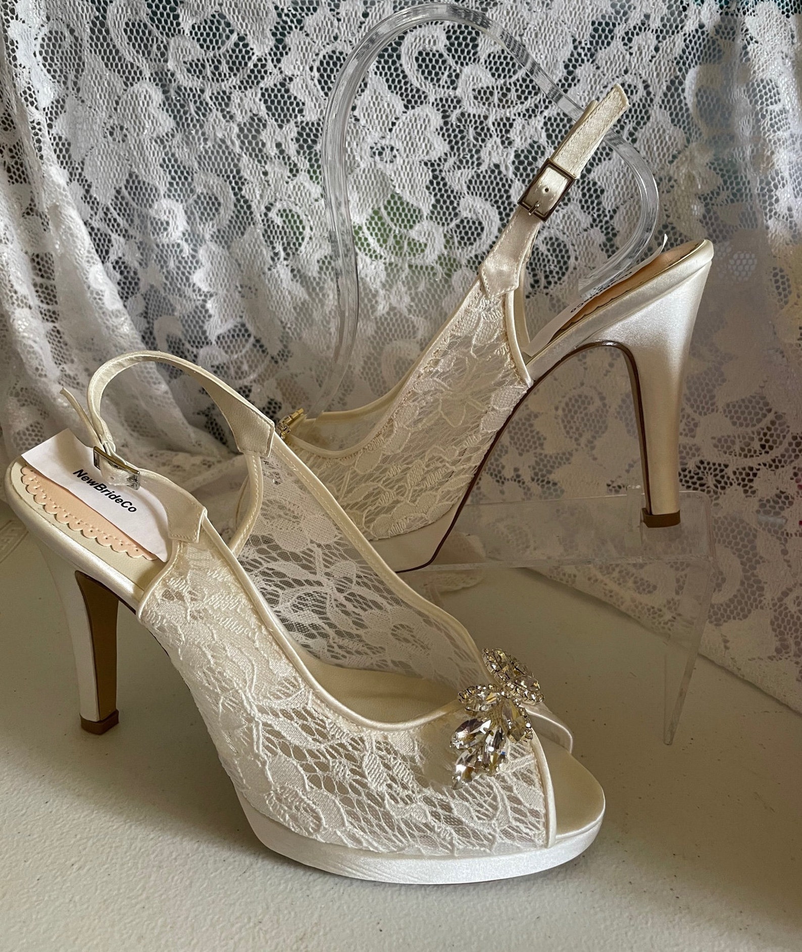 Bling Lace Wedding Shoes Ivory 3 34 Heel Sling Etsy