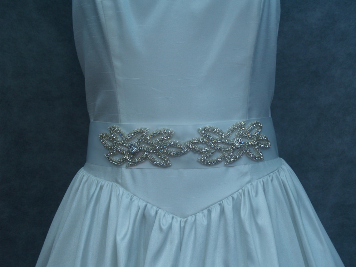 White Wedding Sash With Silver Crystals Trim, Wedding Belt Sash ...