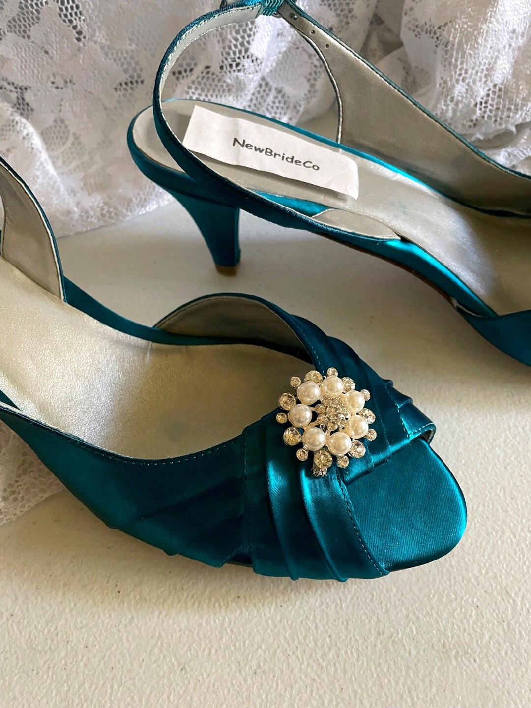 Teal Low Heel Slingbacks: Pearl & Flower Bridal Shoes - Etsy