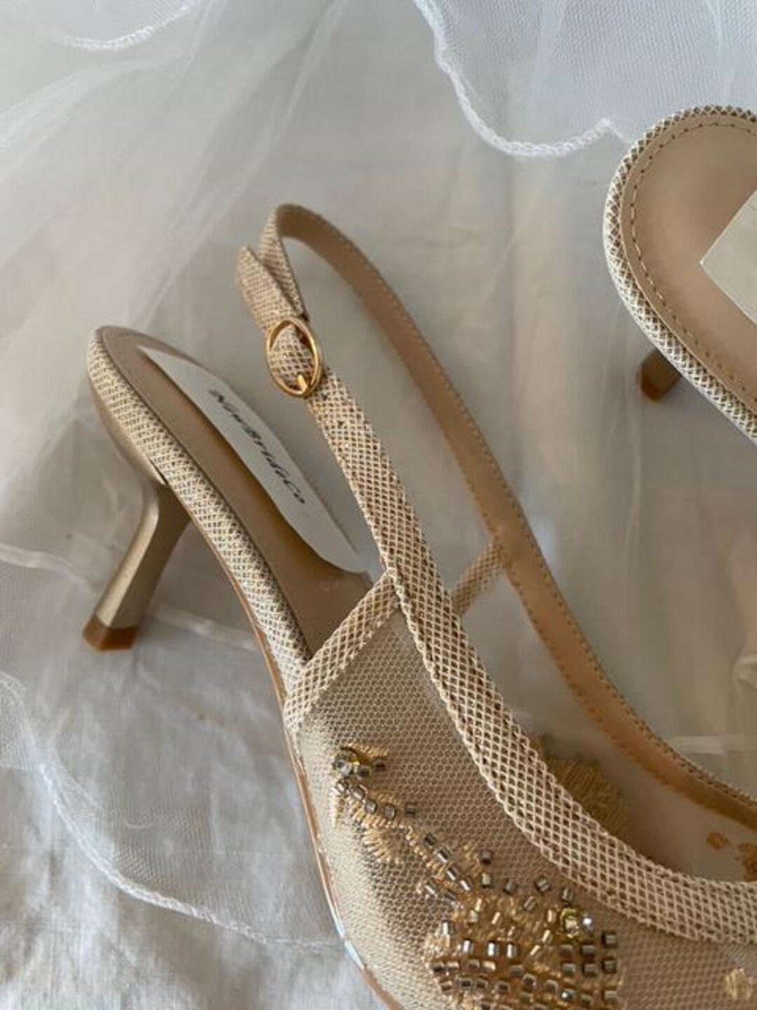 Champagne Shimmer Mesh Mid Heels Shoes 2 1/2" Closed Toes US Sizes: 5 ...