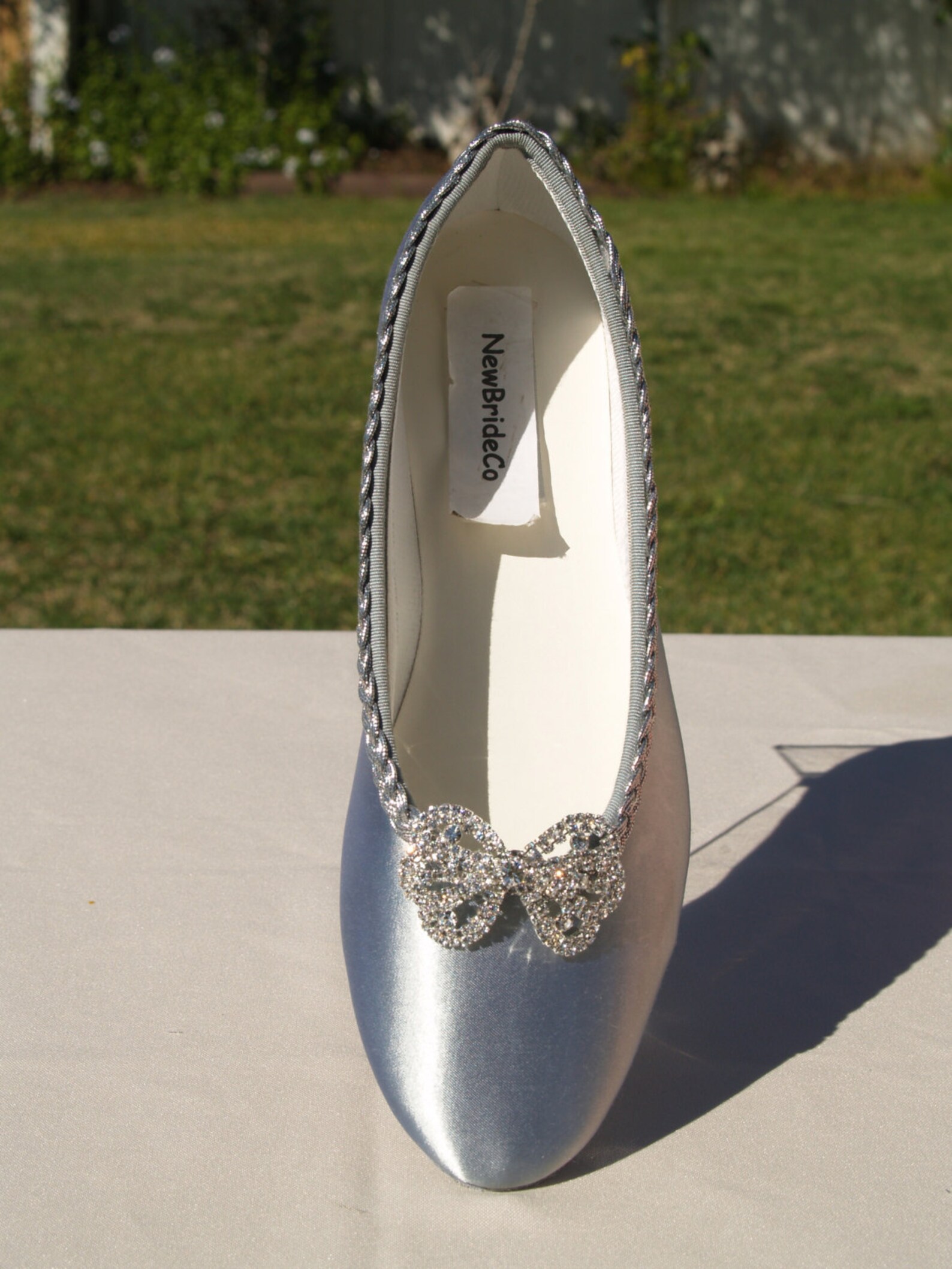 Silver Wedding Flats With Crystal Bow Brooch Sliver Satin | Etsy