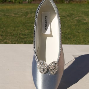 Silver Wedding Flats With Crystal Bow Brooch, Sliver Satin Flat Shoes ...