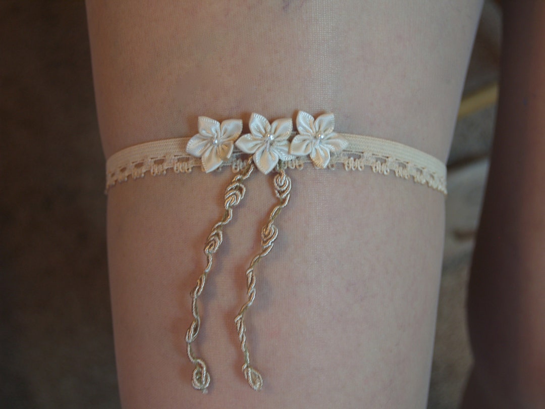 Champagne GARTER for Wedding Handmade Flowers, Three Satin Flowers on a ...