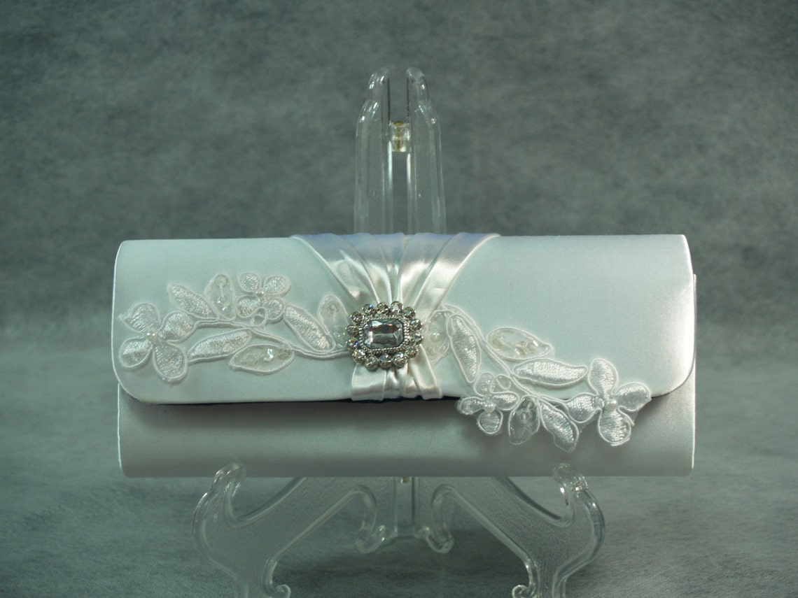 Brides Wedding Clutch Bag Satin White or Ivory Appliqués and Crystal ...