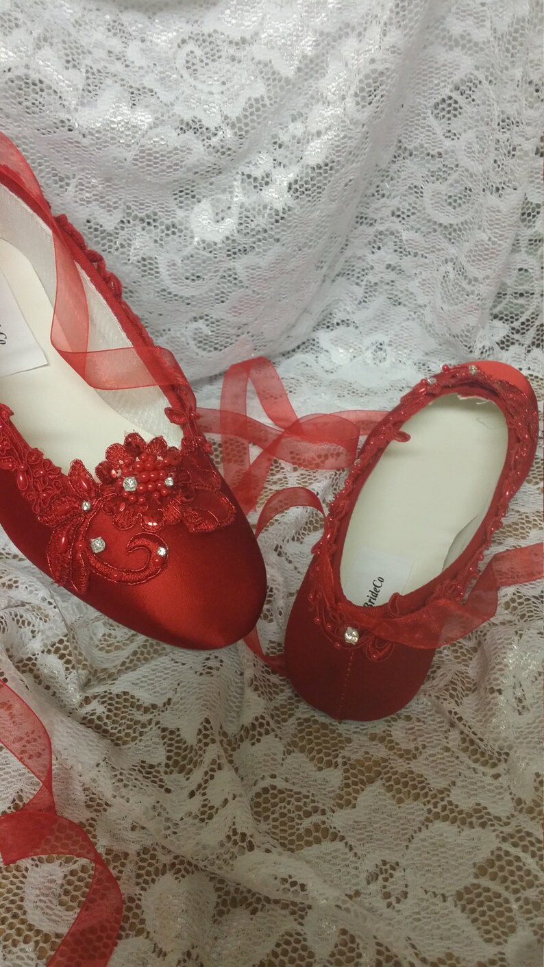 Red Satin Flats Embellished W Red Lace and Crystalsred | Etsy