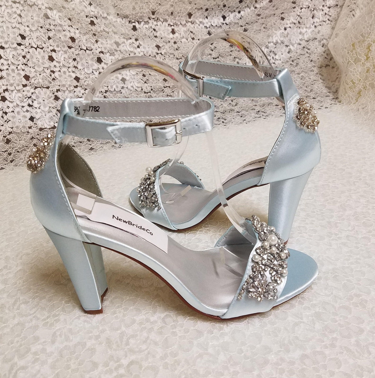Light Blue Shoes Bridal Thick Heels Trimmed With Lots of Crystals and ...