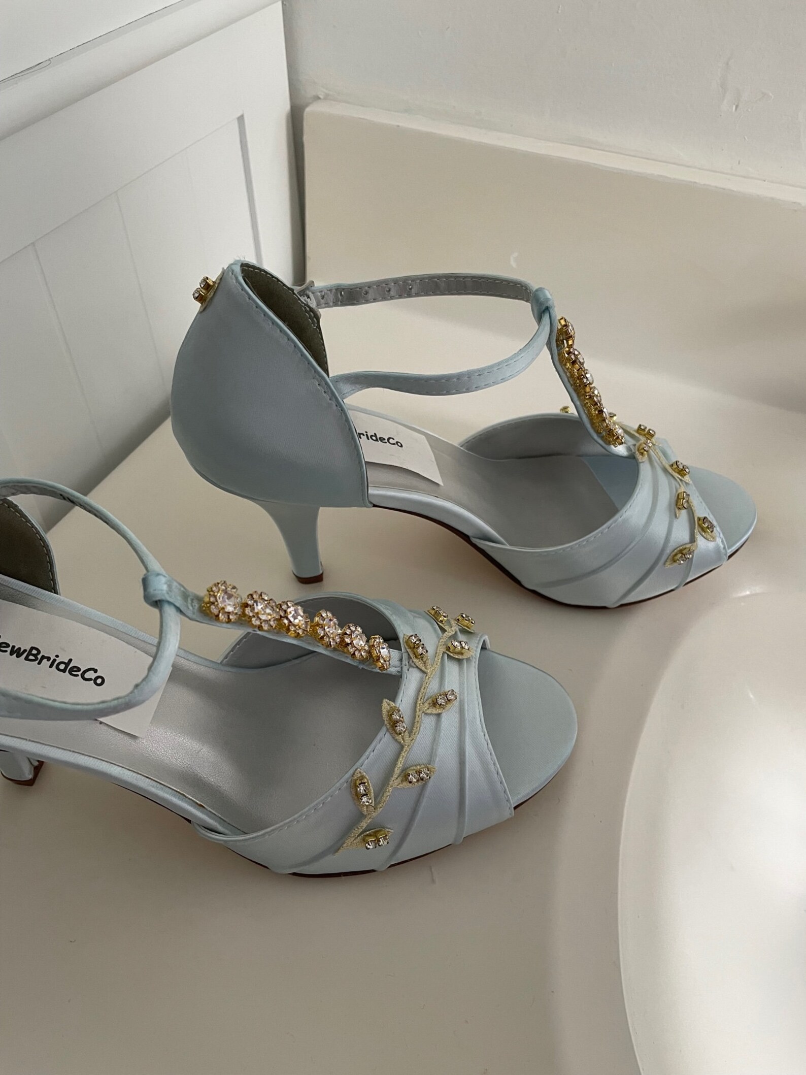 Powder Blue Heel Shoes Swarovski Crystals Gold Setting,mid High Heel ...