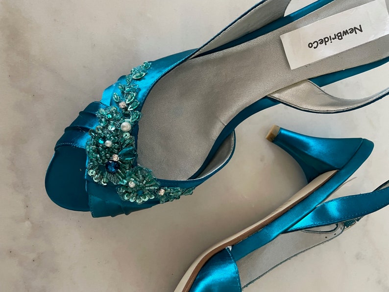 Teal Beaded Slingback Low Heels: Handmade Bridal Shoes (2 1/4") - Etsy