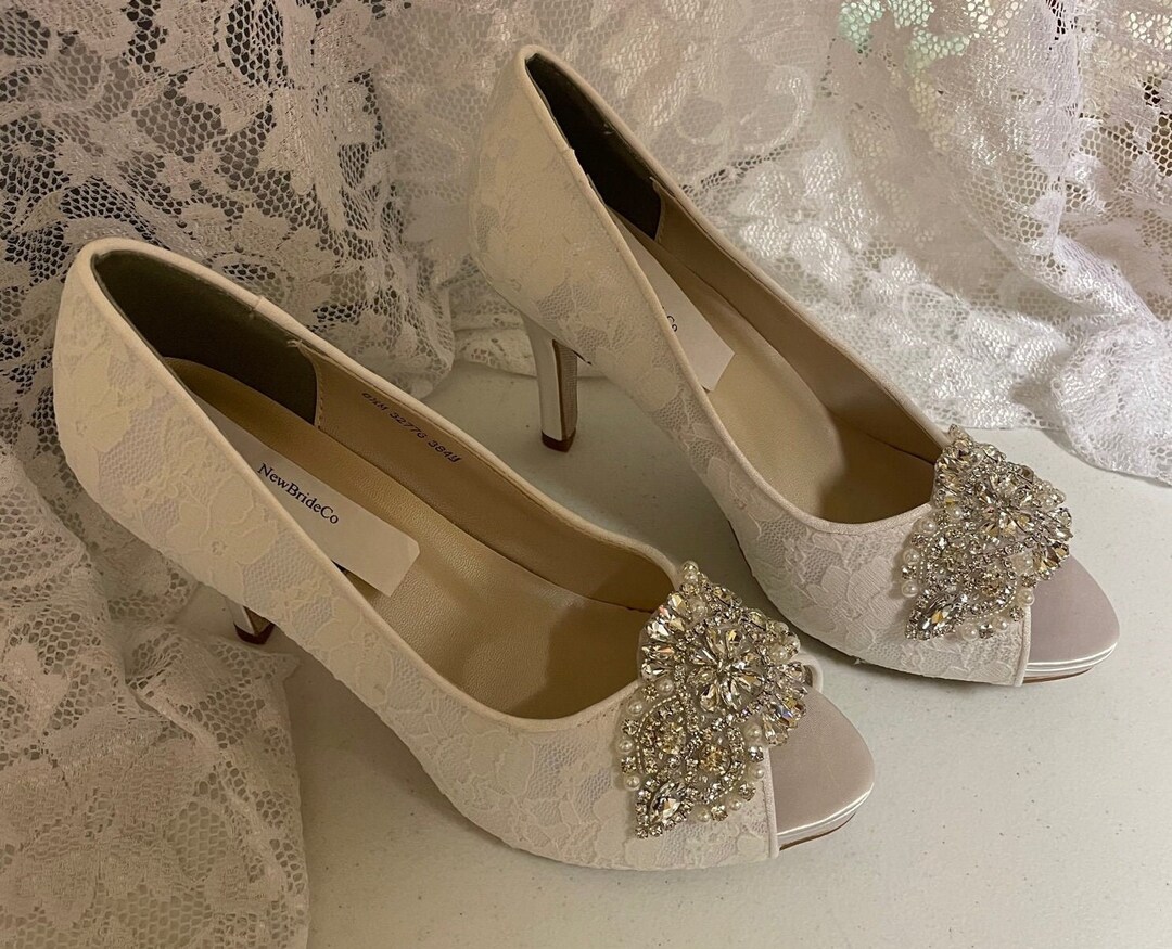 Diamond White Lace High Heels Crystals Shoes, Ivory Bling Peep Toe ...
