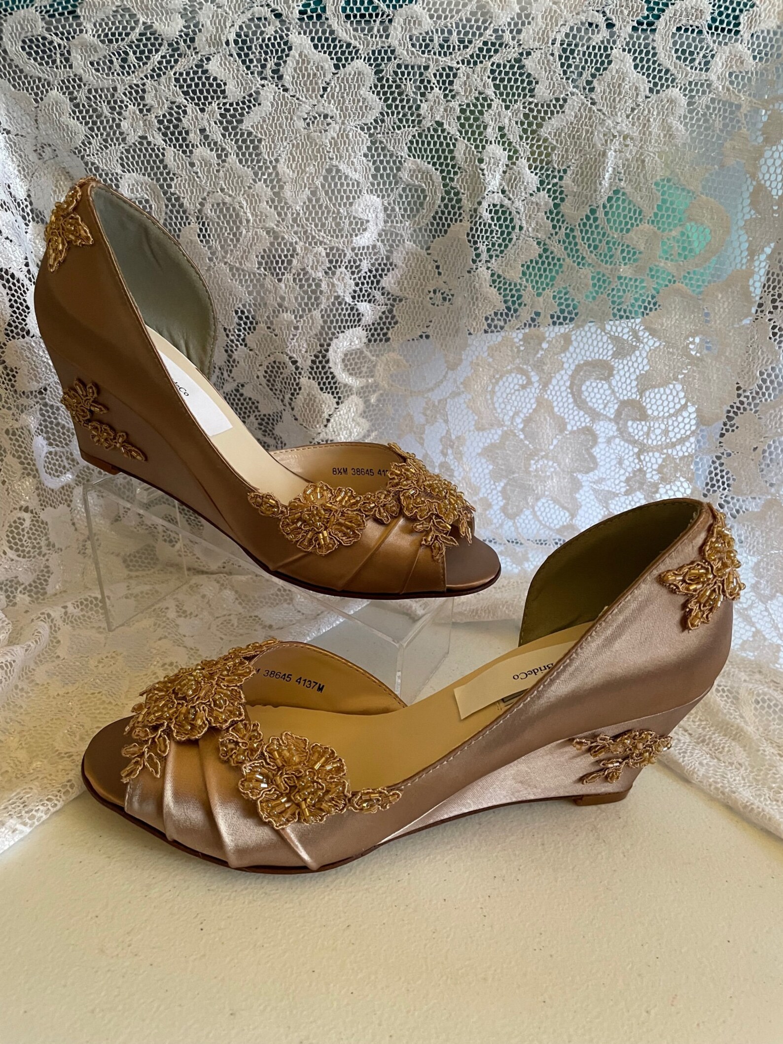Wedge Shoes Taupe Beaded Applique Shoes, Peep Toe Taupe Satin Heels ...