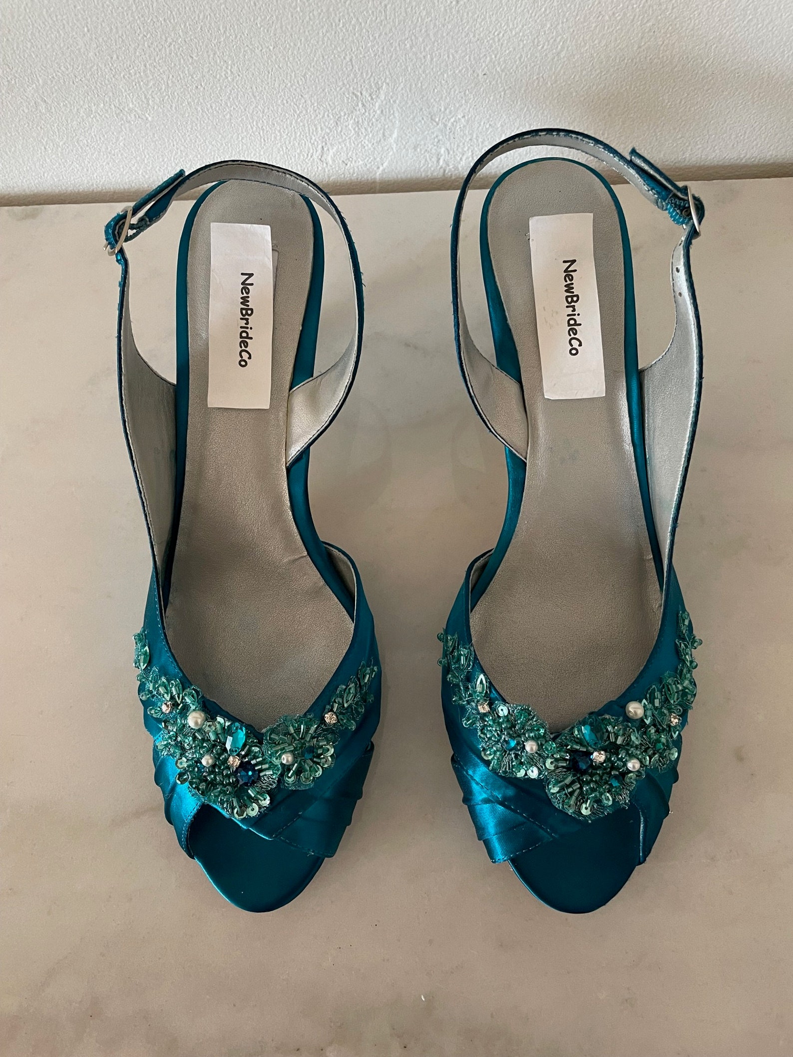 Teal Beaded Slingback Low Heels: Handmade Bridal Shoes (2 1/4") - Etsy