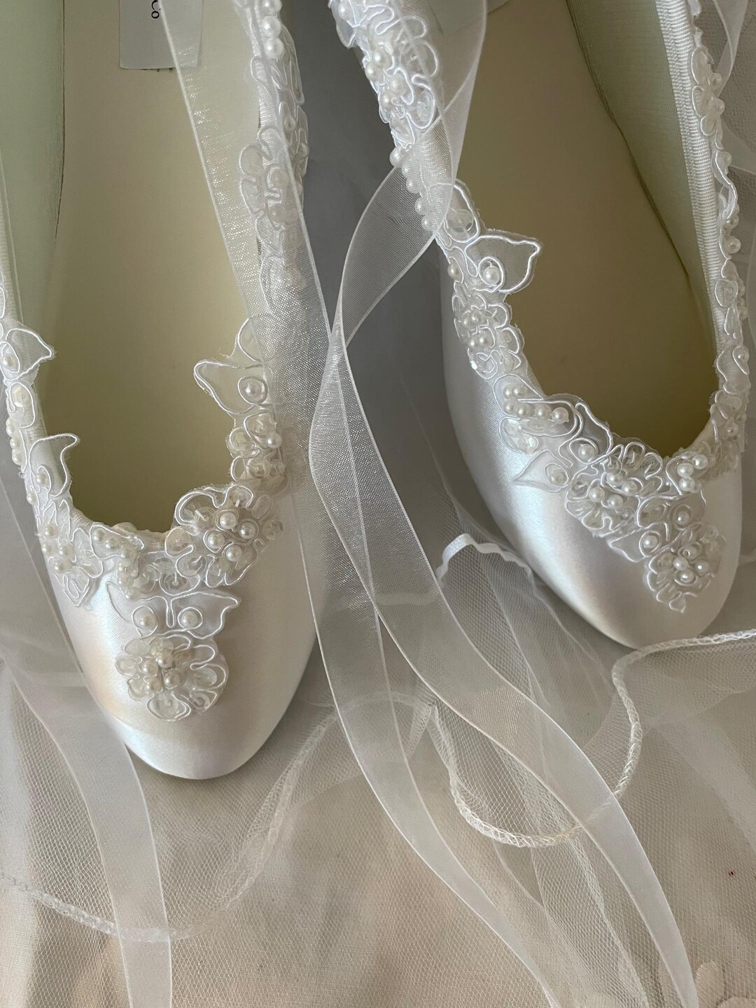 Satin Wedding Flats With White or White Silver Organza Edging Trim ...