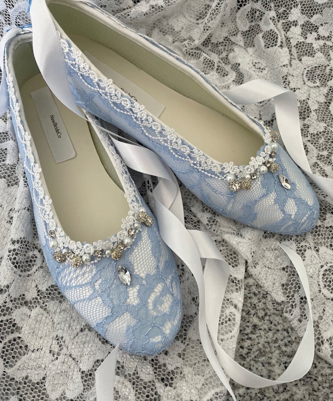 Brides Blue Lace Ballerina Shoe Size 8 Venice Lace Edging With Bling ...