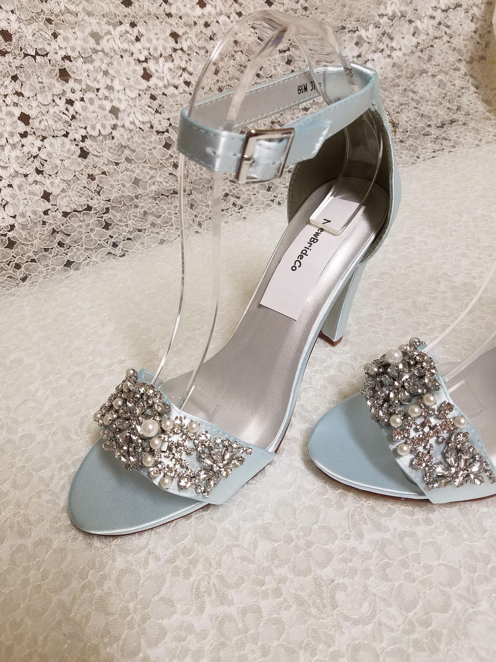 Light Blue Shoes Bridal Thick Heels Trimmed With Lots of Crystals and ...