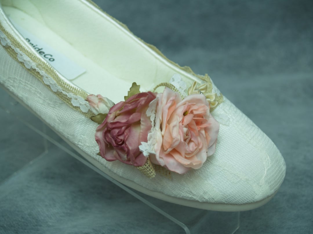 Rustic Wedding Vegan Flat Shoes Burlap Mauve Peach Flowers, Memory Foam ...