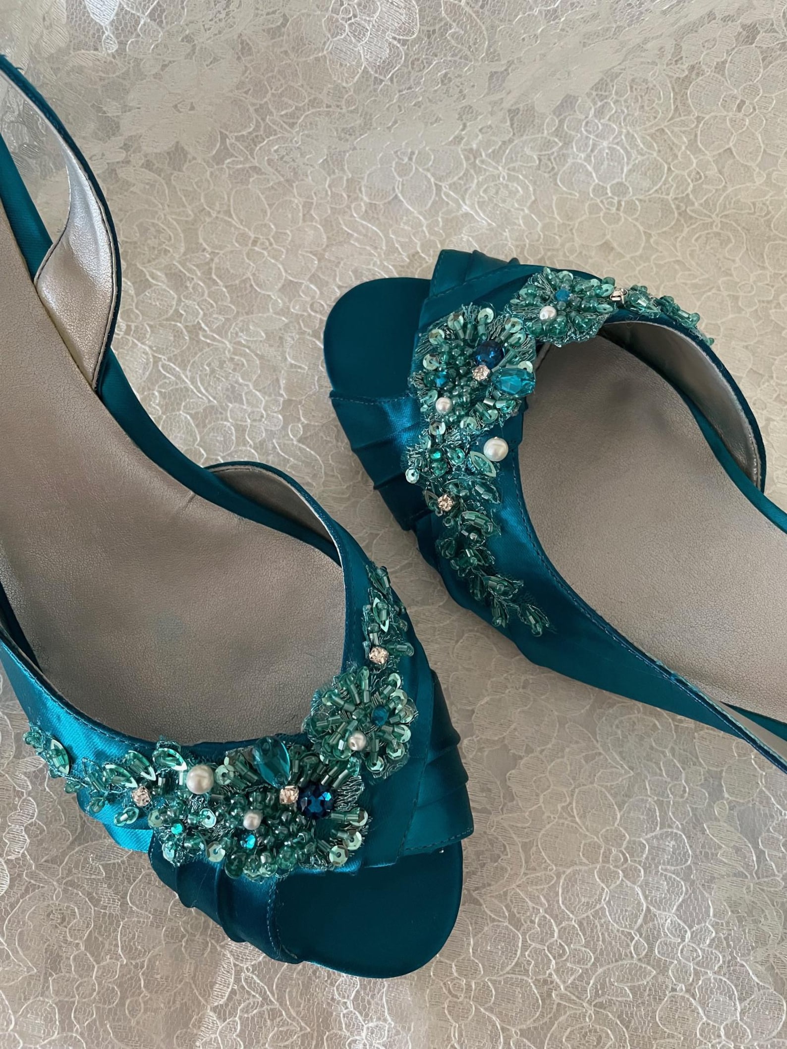 Teal Beaded Slingback Low Heels: Handmade Bridal Shoes (2 1/4") - Etsy