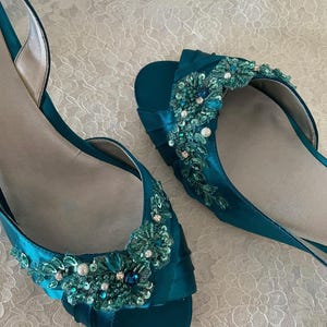 Teal Beaded Slingback Low Heels: Handmade Bridal Shoes (2 1/4") - Etsy