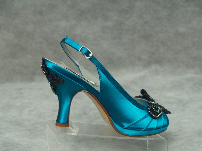 SIZE 7 Shoes Teal & Black Medium Heel, Peep Toe Slingbacks, Something ...