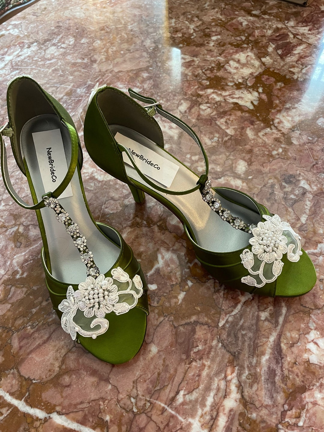 Olive Green/ivory Mid Heels Lace,green Closed Toe Heels With T-strap ...