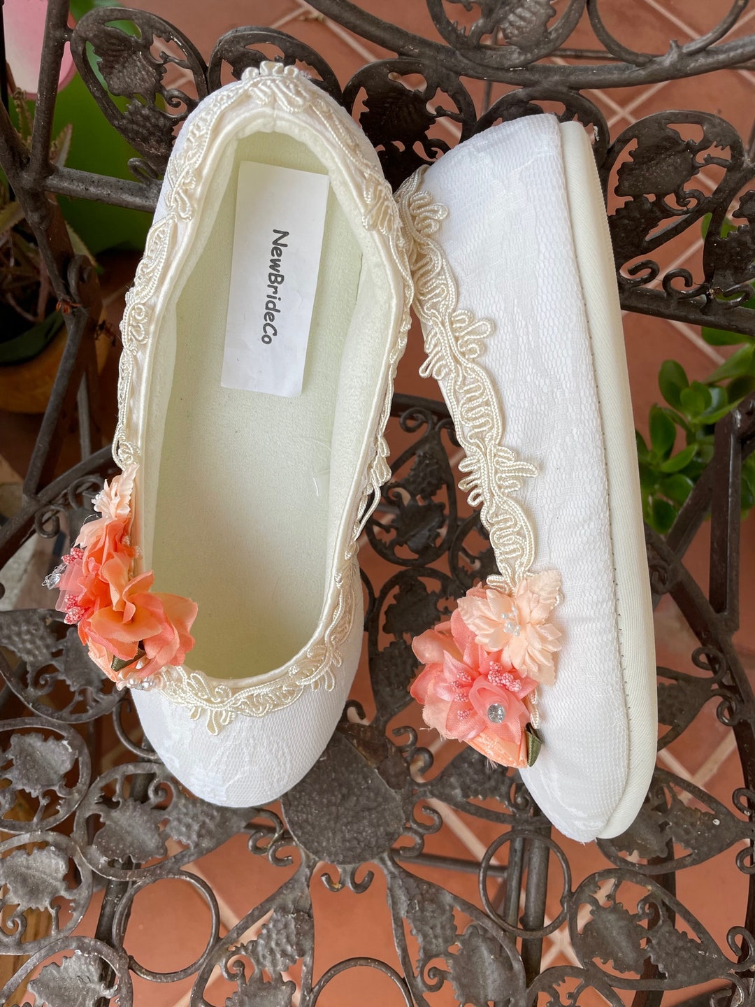 Size 8 Ivory Lace Vegan Flats: Peach Flower Bridal Slippers, Size 8 ...