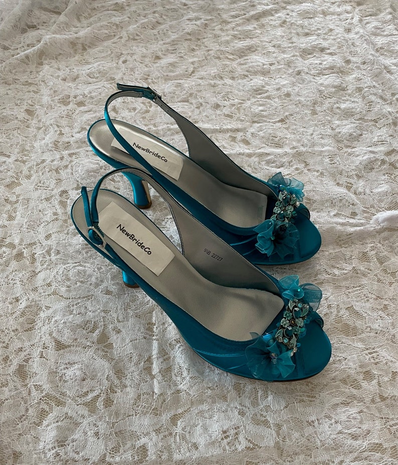 Teal Bridal Wedding Shoes Peacock Comfortable Satin Heels Etsy