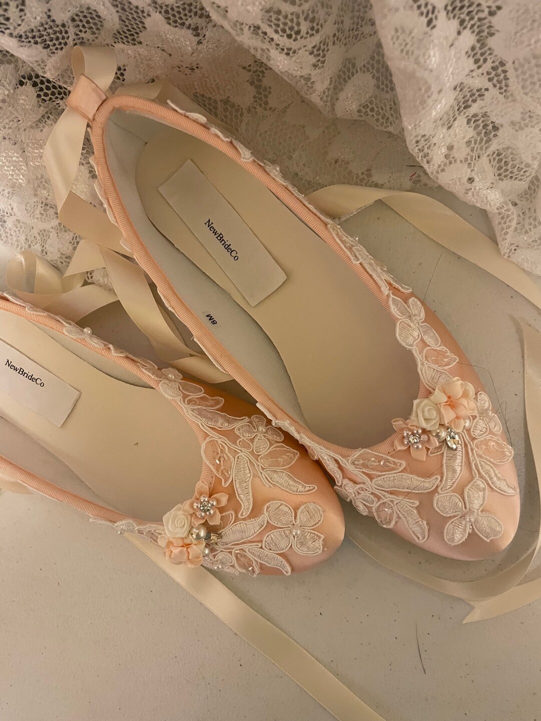 Peach Ivory Ballerina Style Shoes Satin With Beautiful Lace Appliqué ...