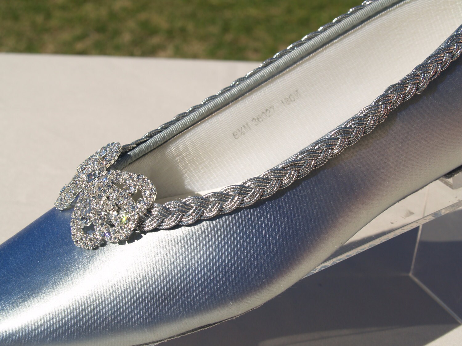 Silver Wedding Flats With Crystal Bow Brooch Sliver Satin | Etsy