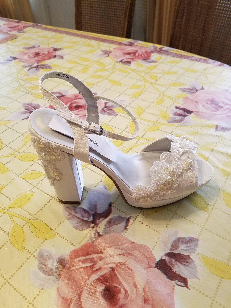 Diamond White High Block Heels 4.25" Beaded Pearl Lace Richly Adorned ...