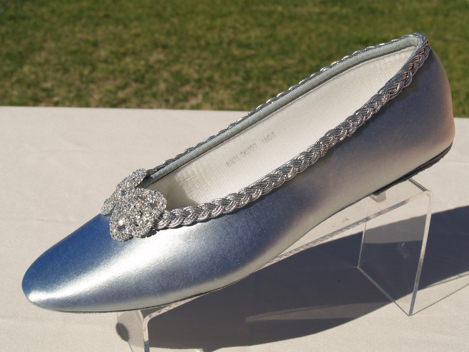 Silver Wedding Flats With Crystal Bow Brooch Sliver Satin | Etsy