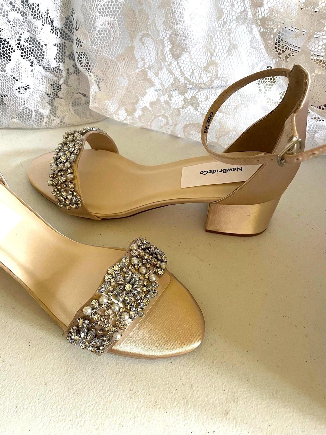 Champagne Satin Wedding Shoes: Bling Block Low Heels - Etsy