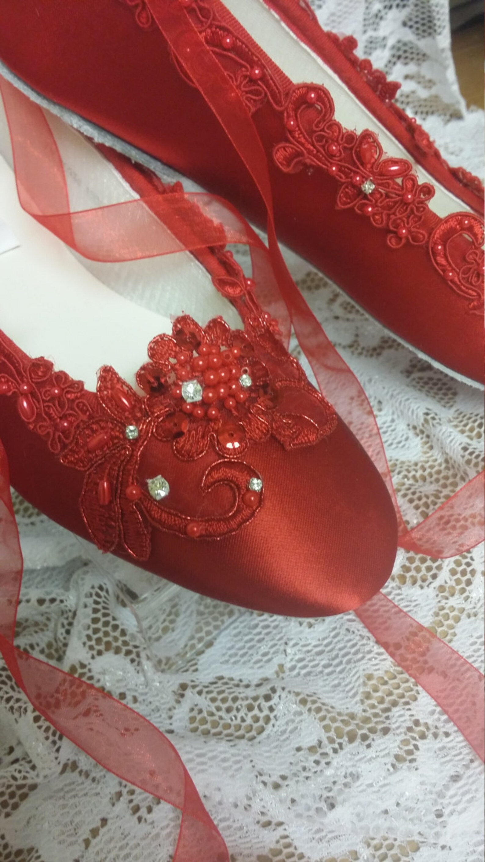 Red Satin Flats Embellished W Red Lace and Crystalsred | Etsy