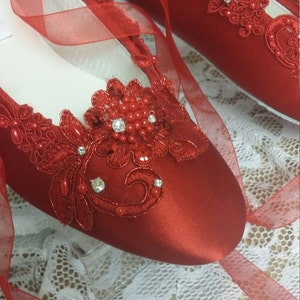 Red Satin Flats Embellished W Red Lace and Crystals,red Victorian Flat ...