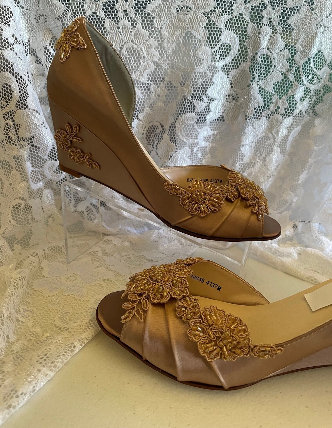 Wedge Shoes Taupe Beaded Applique Shoes Peep Toe Taupe Satin - Etsy