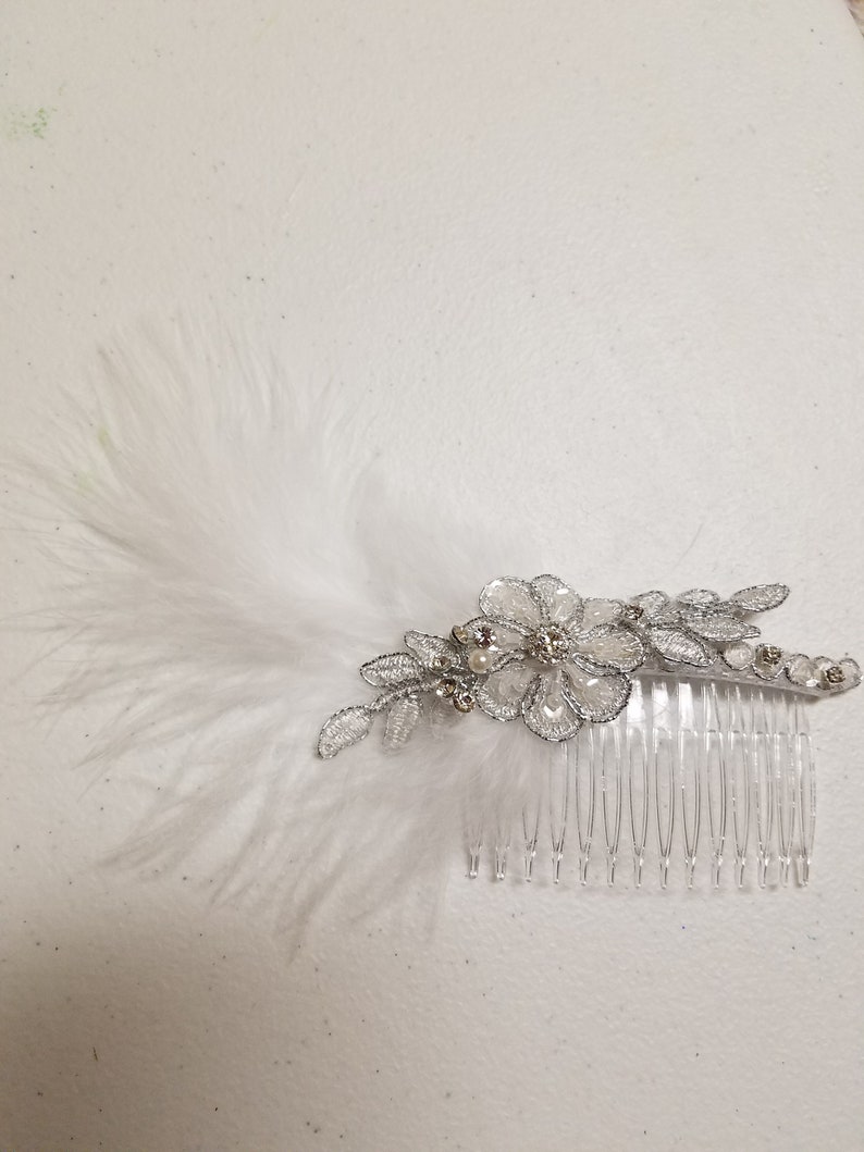 White Feather Comb With Silver Trim and Rhinestones Prom Hair - Etsy