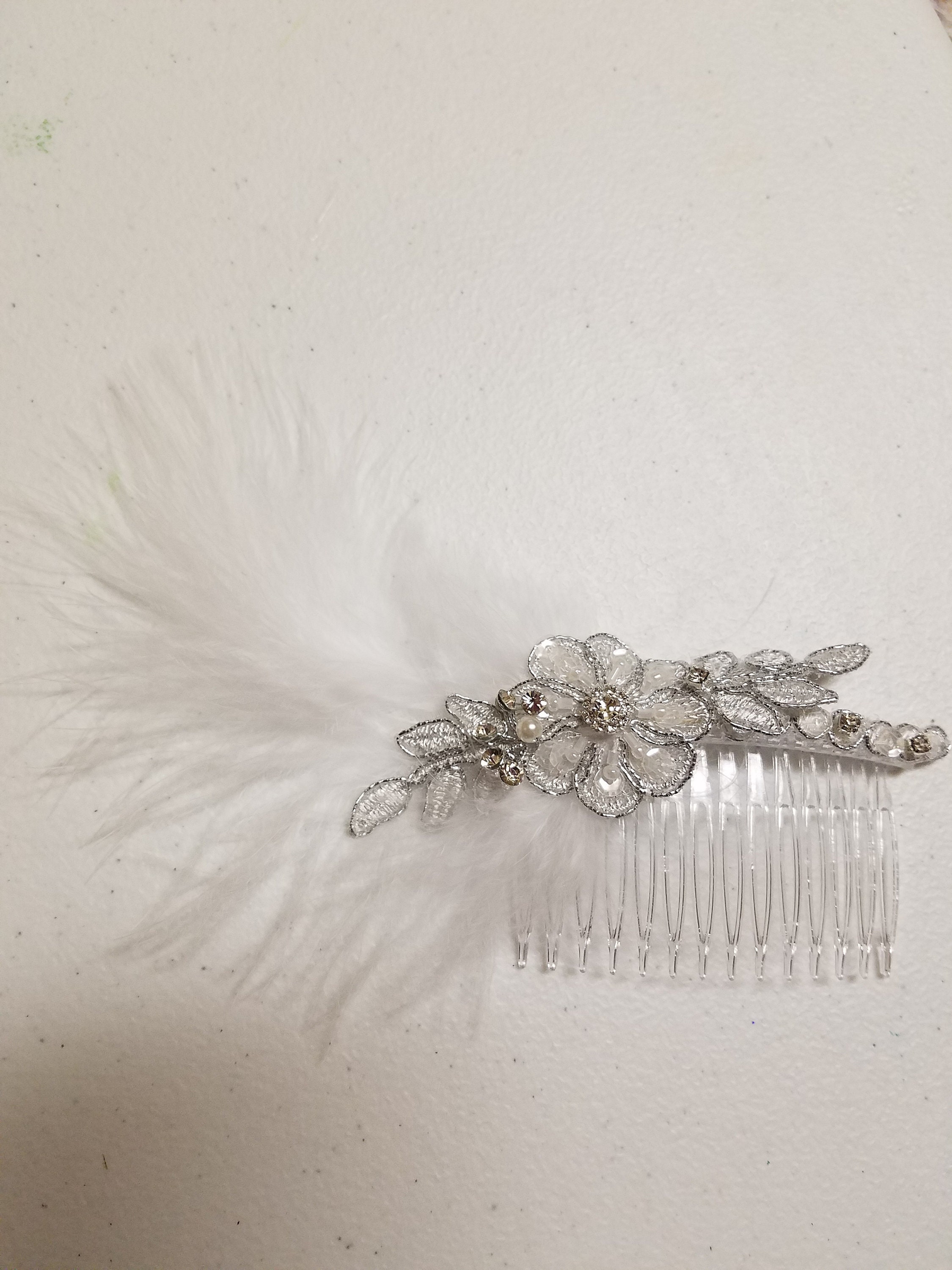 White Feather Comb With Silver Trim and Rhinestones Prom Hair - Etsy