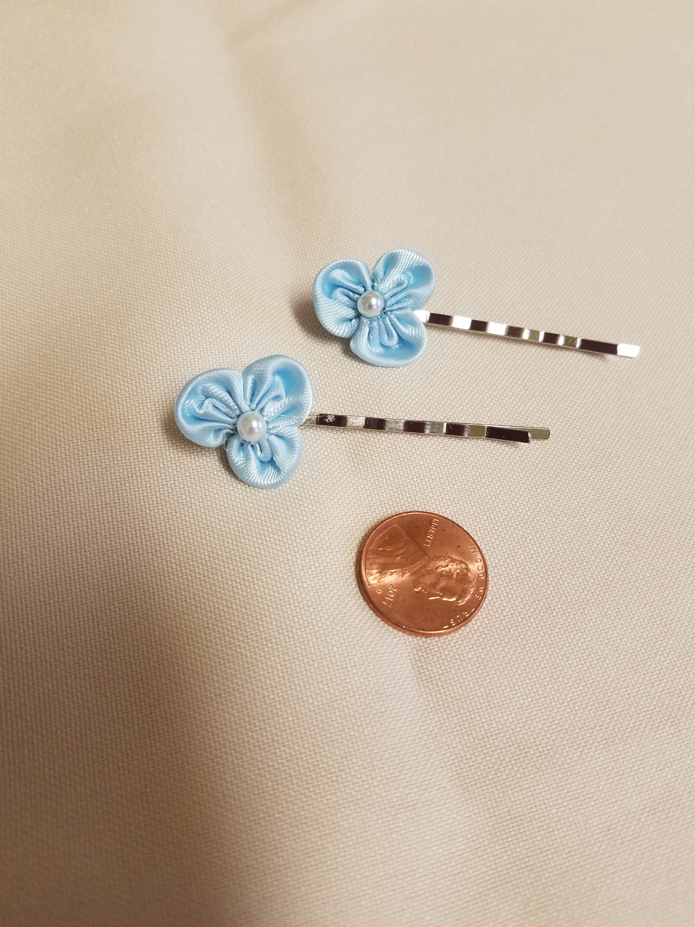 2 Tiny Light Blue Flowers Hair Pins,satin Blue Flower Girls Hair Pins ...