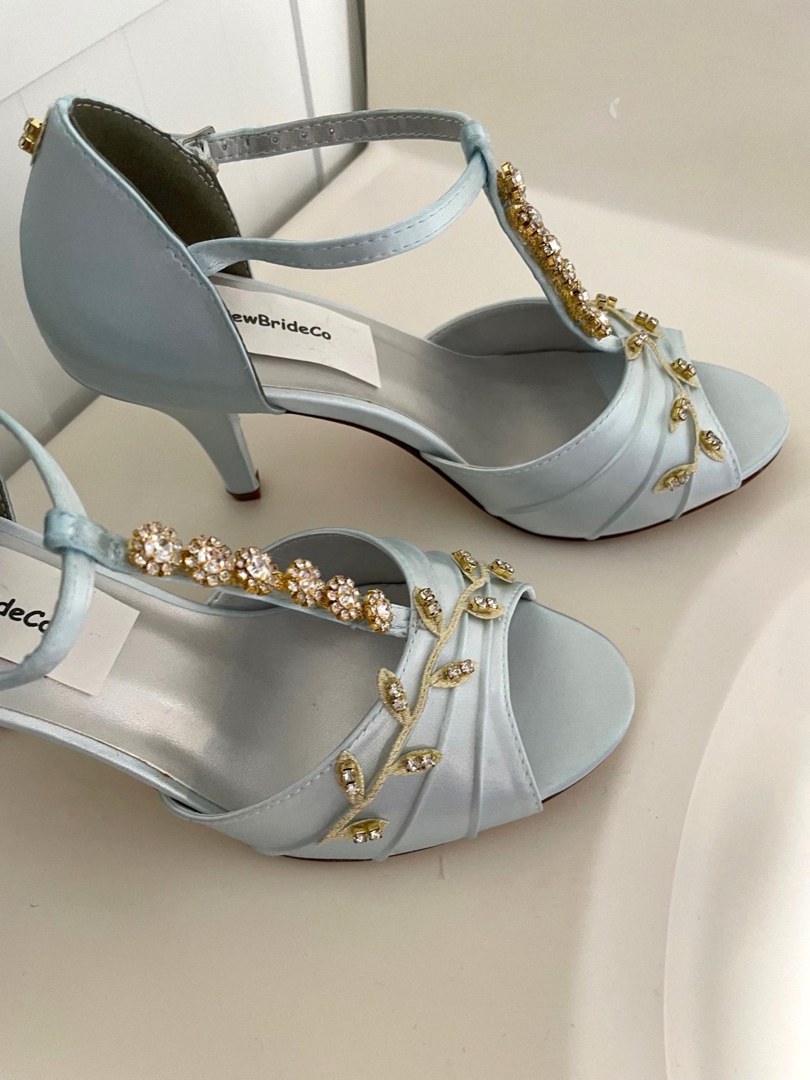 Powder Blue Heel Shoes Swarovski Crystals Gold Setting,mid High Heel ...