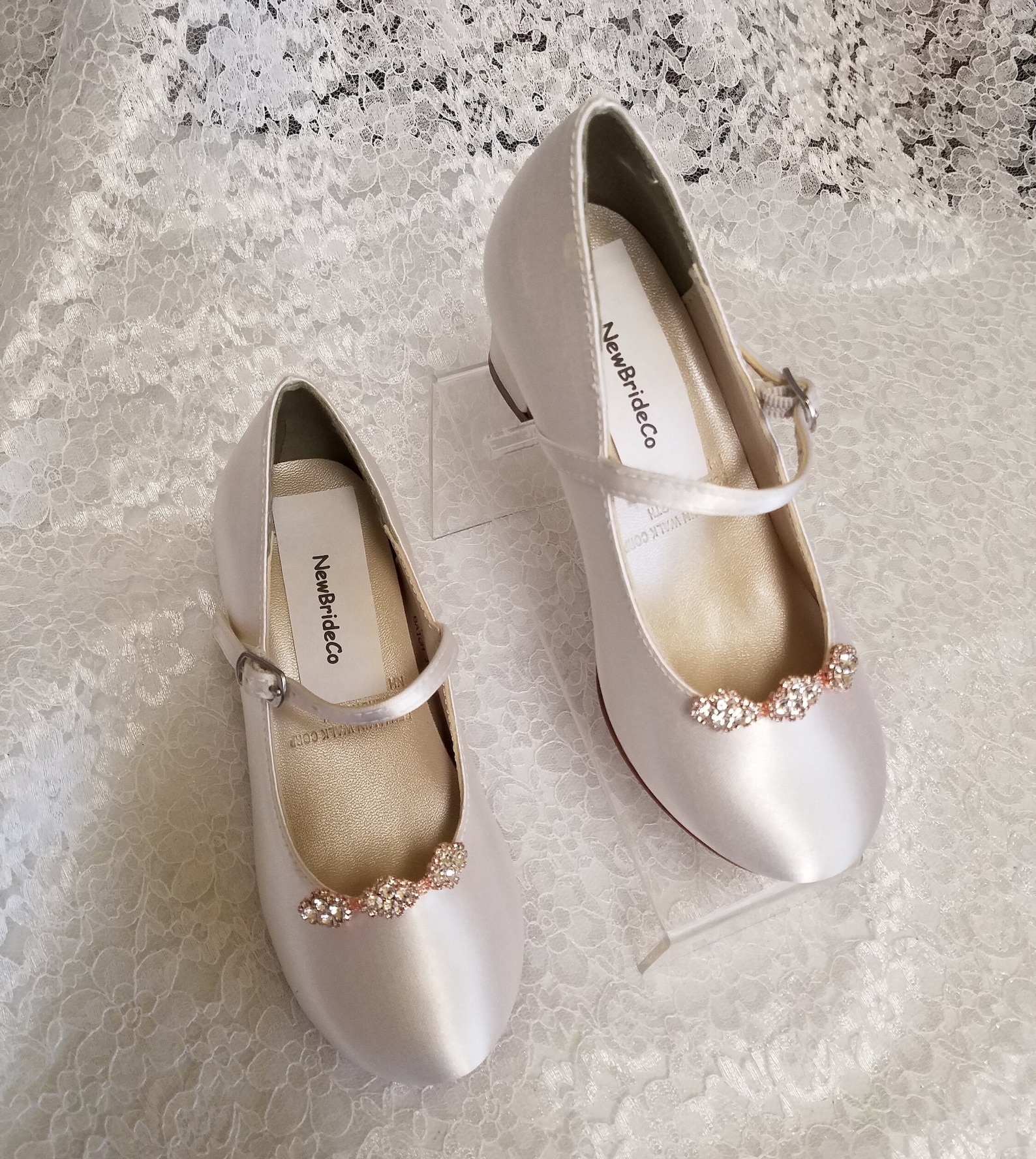Communion Girl Shoes Rose Gold Crystals Embellish,white Shoes Ivory ...