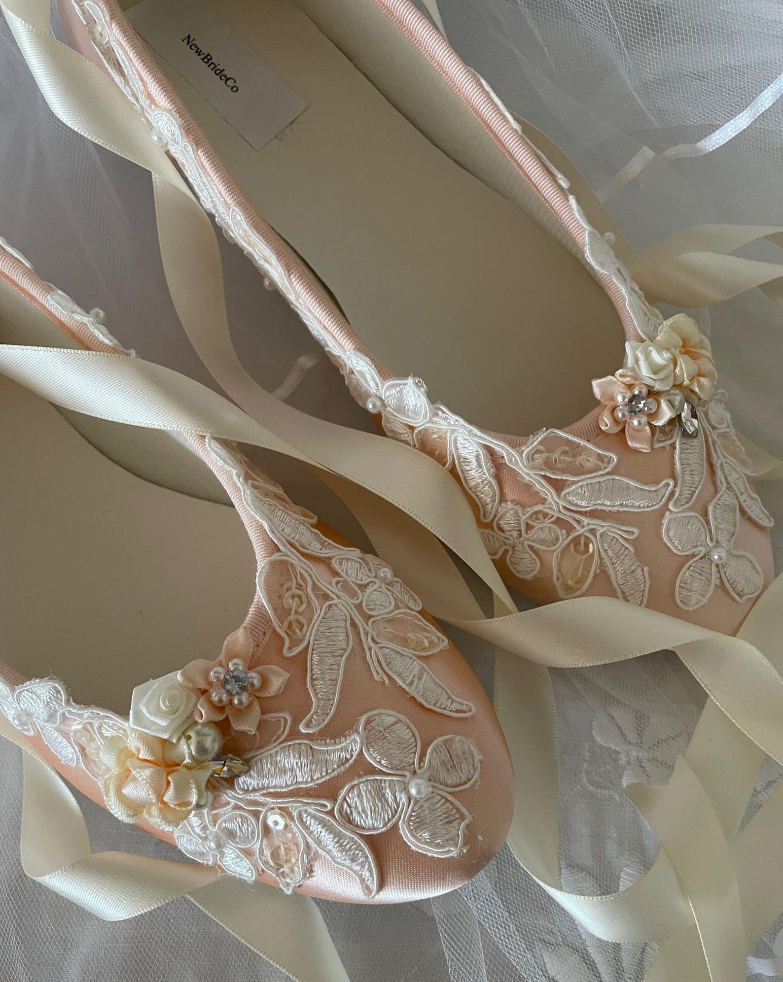 Peach Ivory Ballerina Style Shoes Satin With Beautiful Lace Appliqué ...