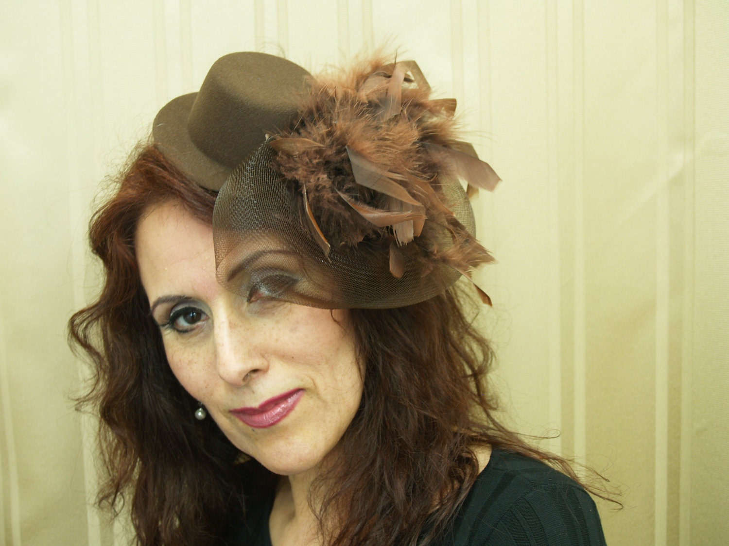 Brown Fascinator Mini Hat With Feathers Retro Modern Mini Top - Etsy