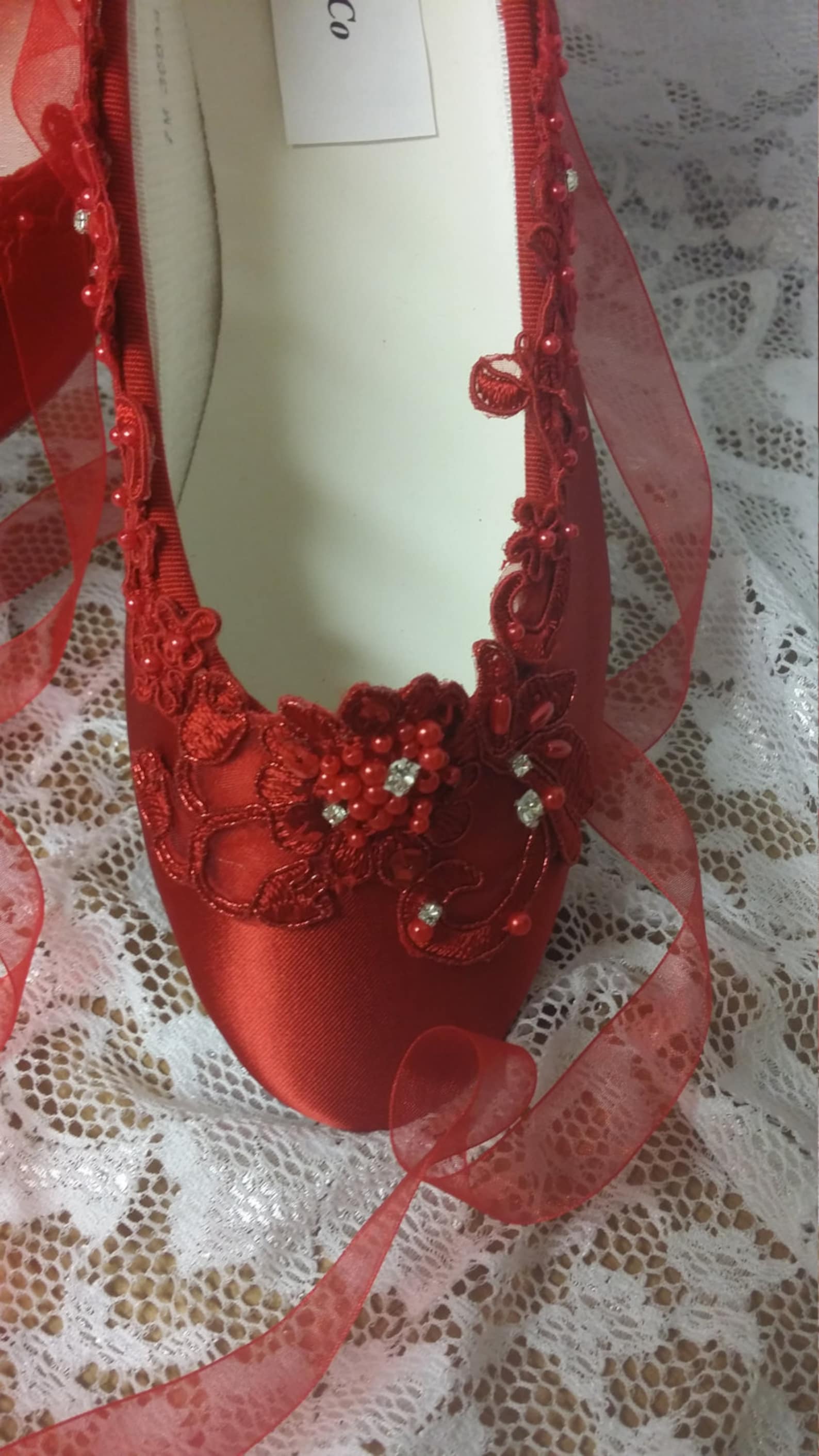 Red Satin Flats Embellished W Red Lace and Crystalsred | Etsy